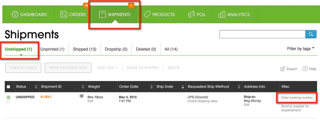 Ordoro - How do I enter a tracking number manually into Ordoro?