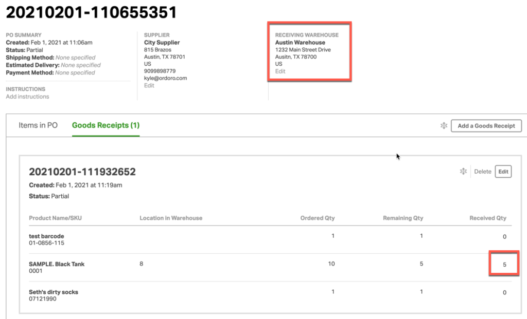 Ordoro - Why is it bad to delete a goods receipt?