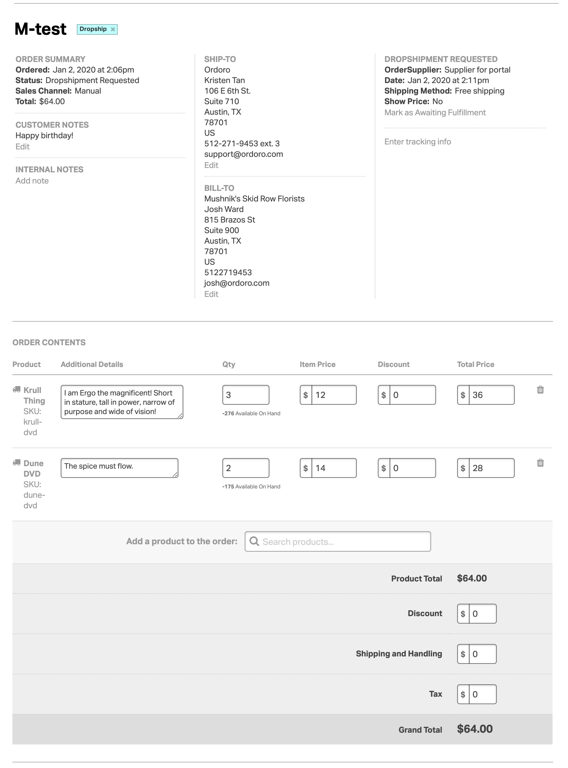 Ordoro - What order information is passed to the vendor portal?
